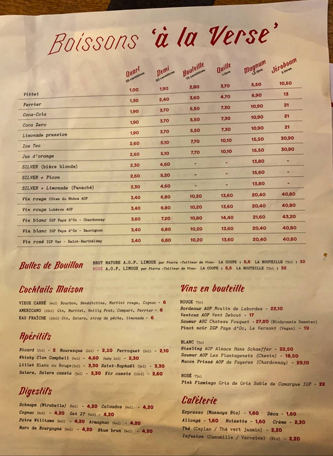 Menu at Bouillon Pigalle restaurant, Paris