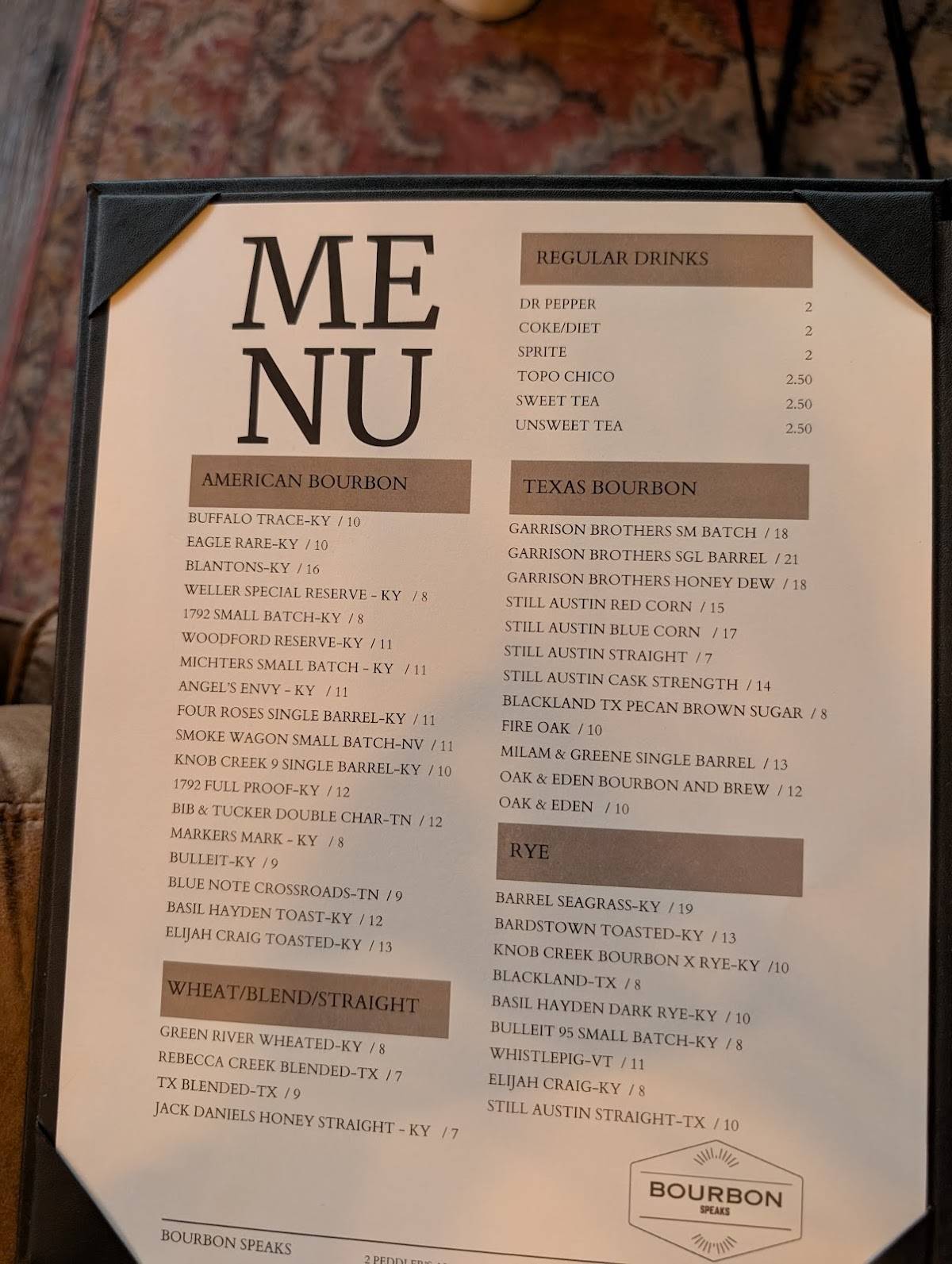 Menu at Bourbon Speaks pub & bar, Salado