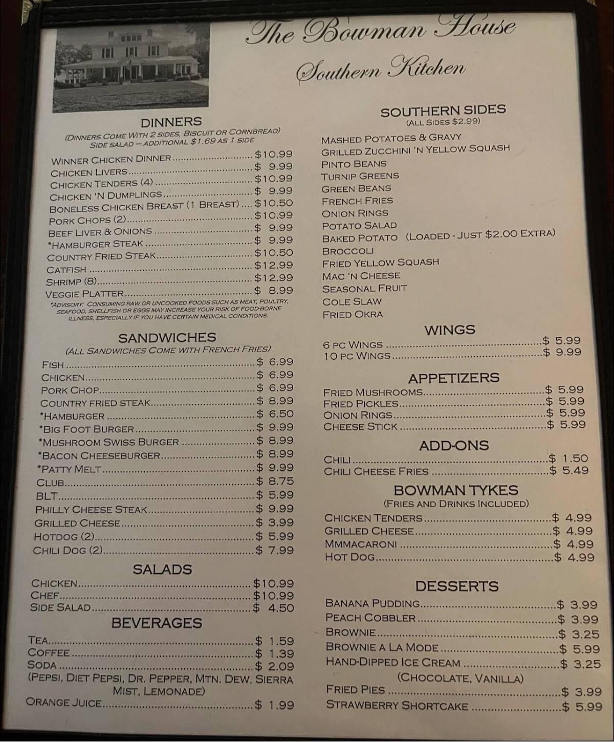 Menu at The Bowman House southern kitchen restaurant, Bowman