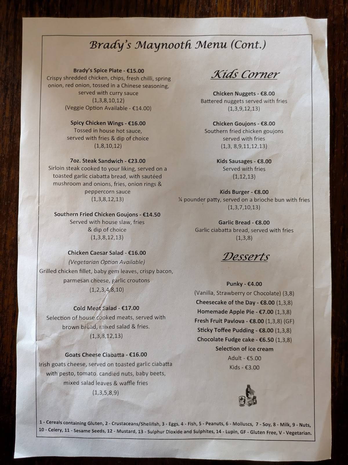 Menu at Brady's Clockhouse pub & bar, Maynooth