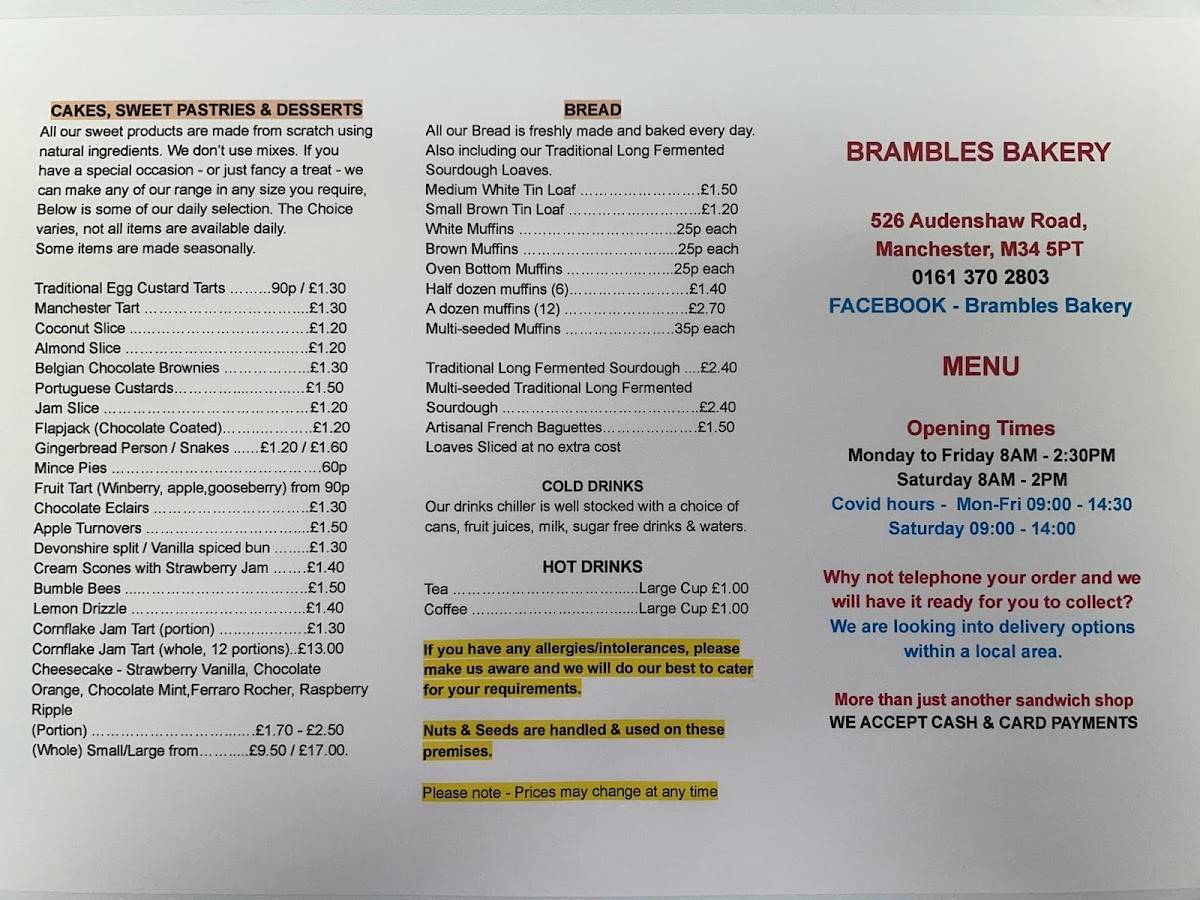 Menu at Brambles Bakery, Manchester