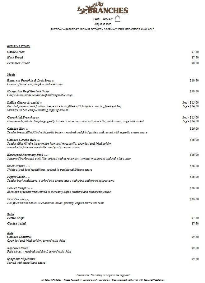 Menu at Branches Restaurant, Shellharbour, 400 Shellharbour Rd