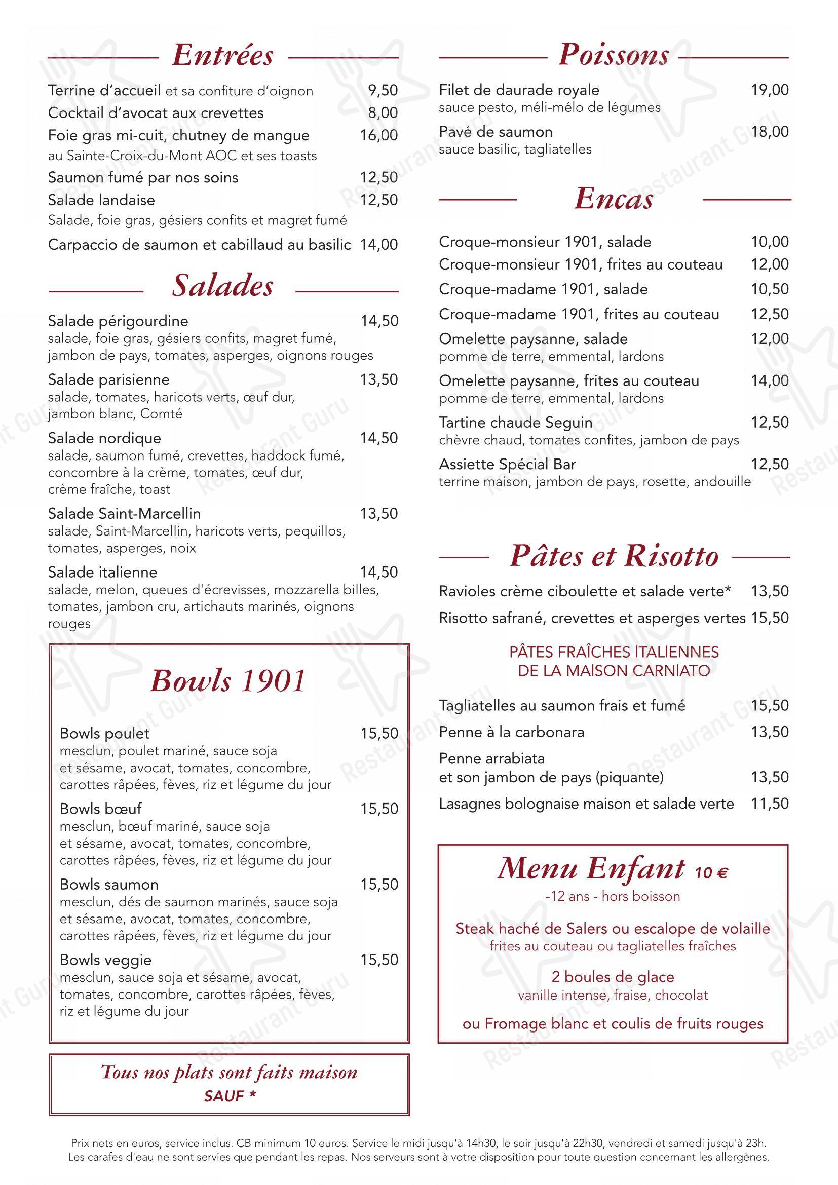 Menu au Brasserie 1901 restaurant, Noisy-le-Grand, 1 Av. Aristide Briand