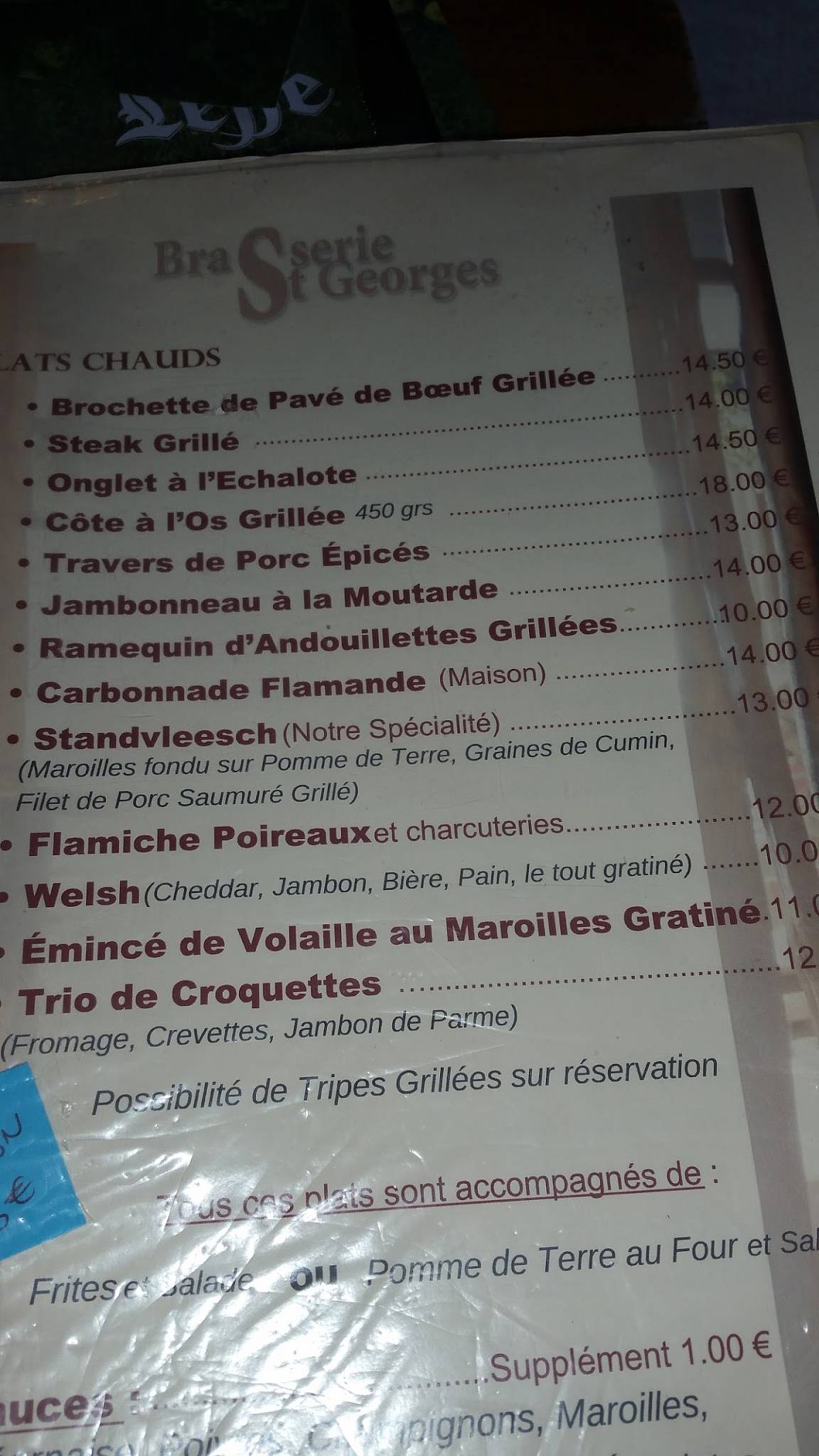Menu au Brasserie Saint-Georges restaurant, Eecke