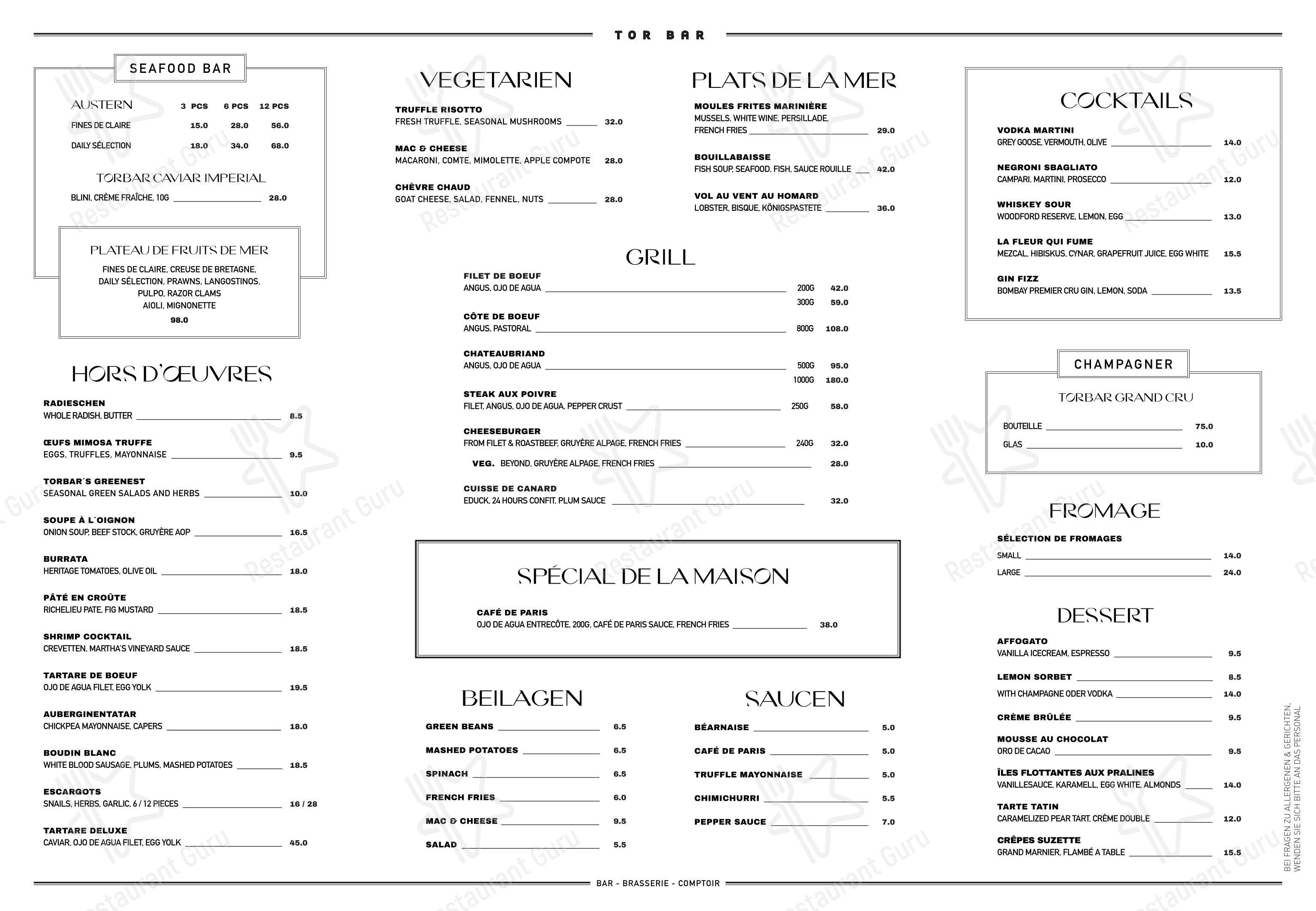 Speisekarte von Brasserie Torbar, Berlin