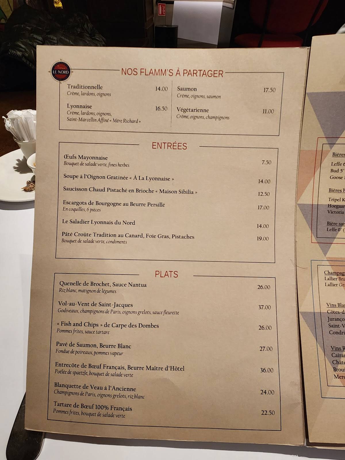 Menu at Brasserie le Nord restaurant, Lyon