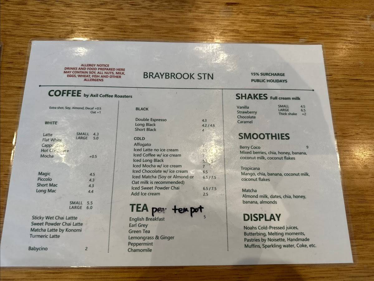 Menu at Braybrook STN cafe, Braybrook