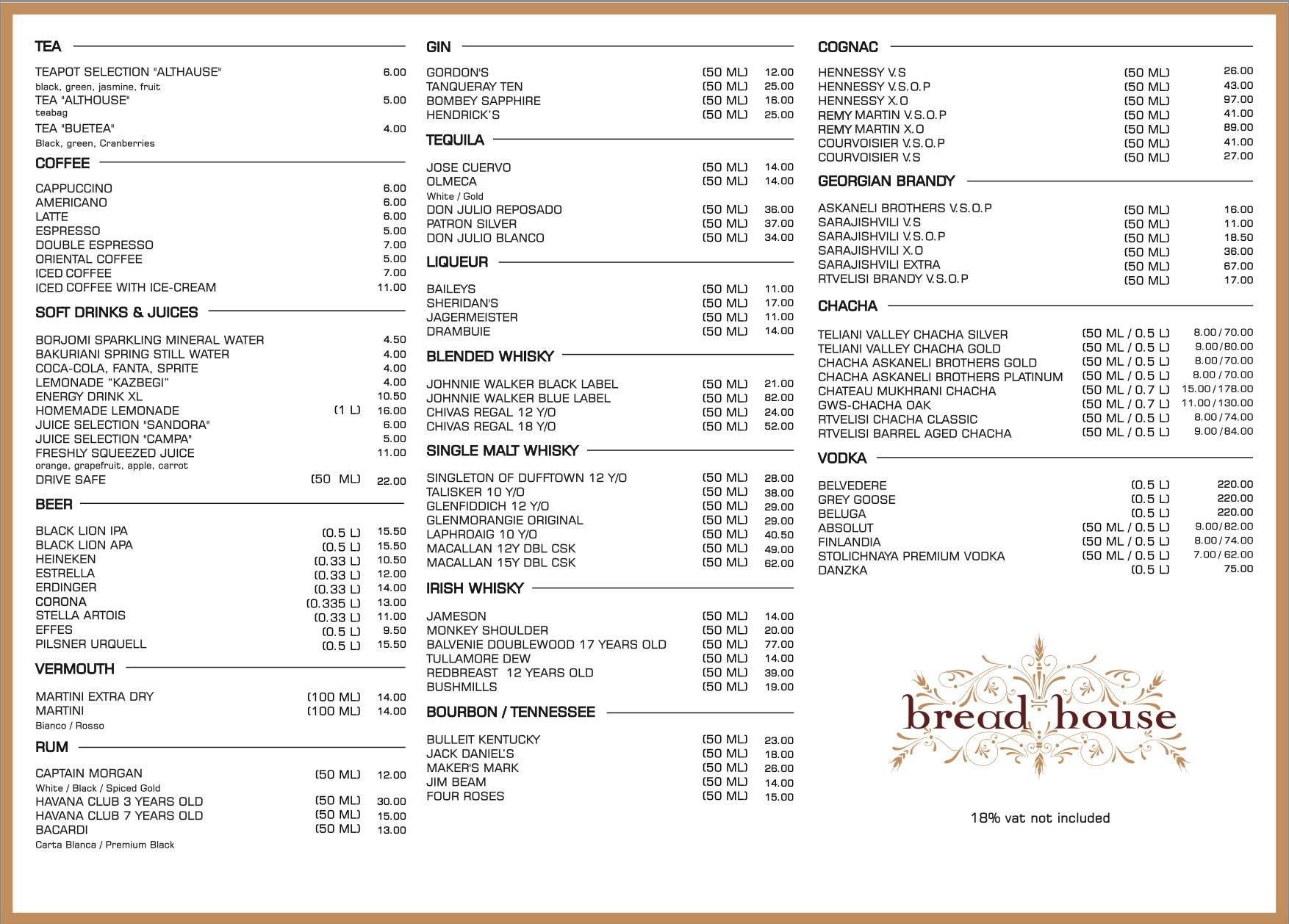 Menu at Bread House restaurant, Tbilisi, 7 Vakhtang Gorgasali St