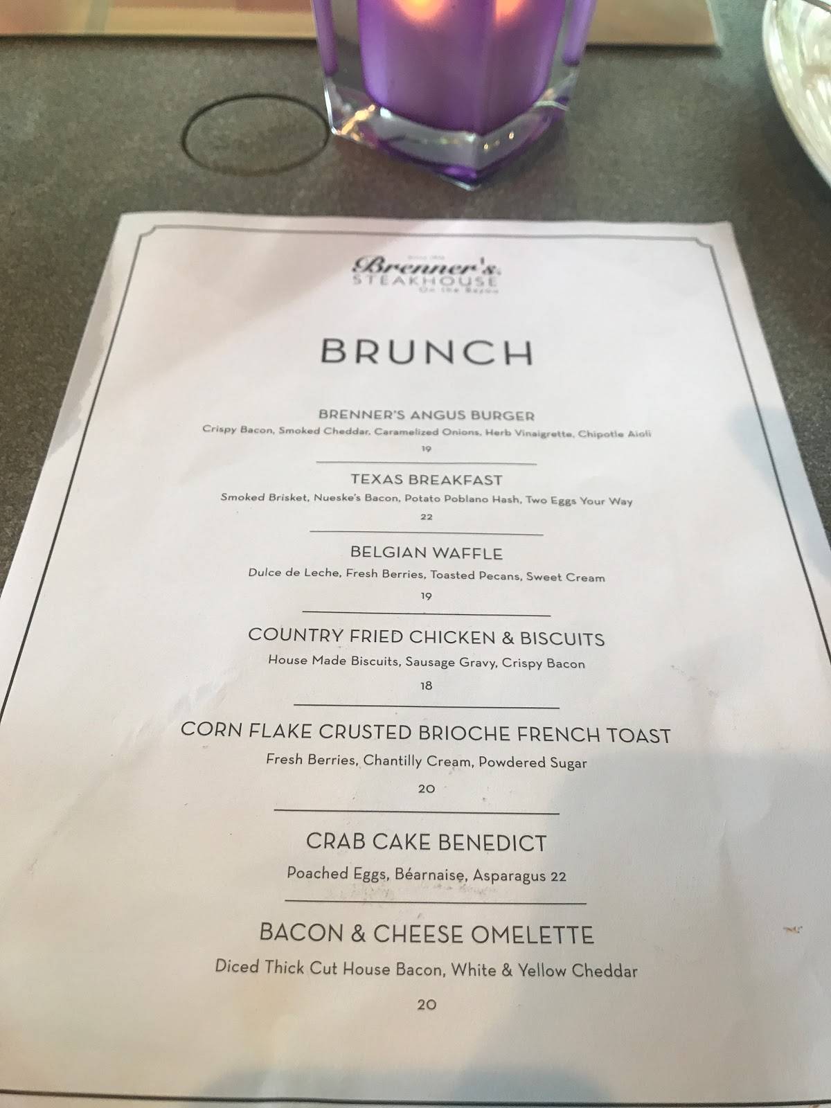 Menu at Brenner's on the Bayou steakhouse, Houston, 1 Birdsall St