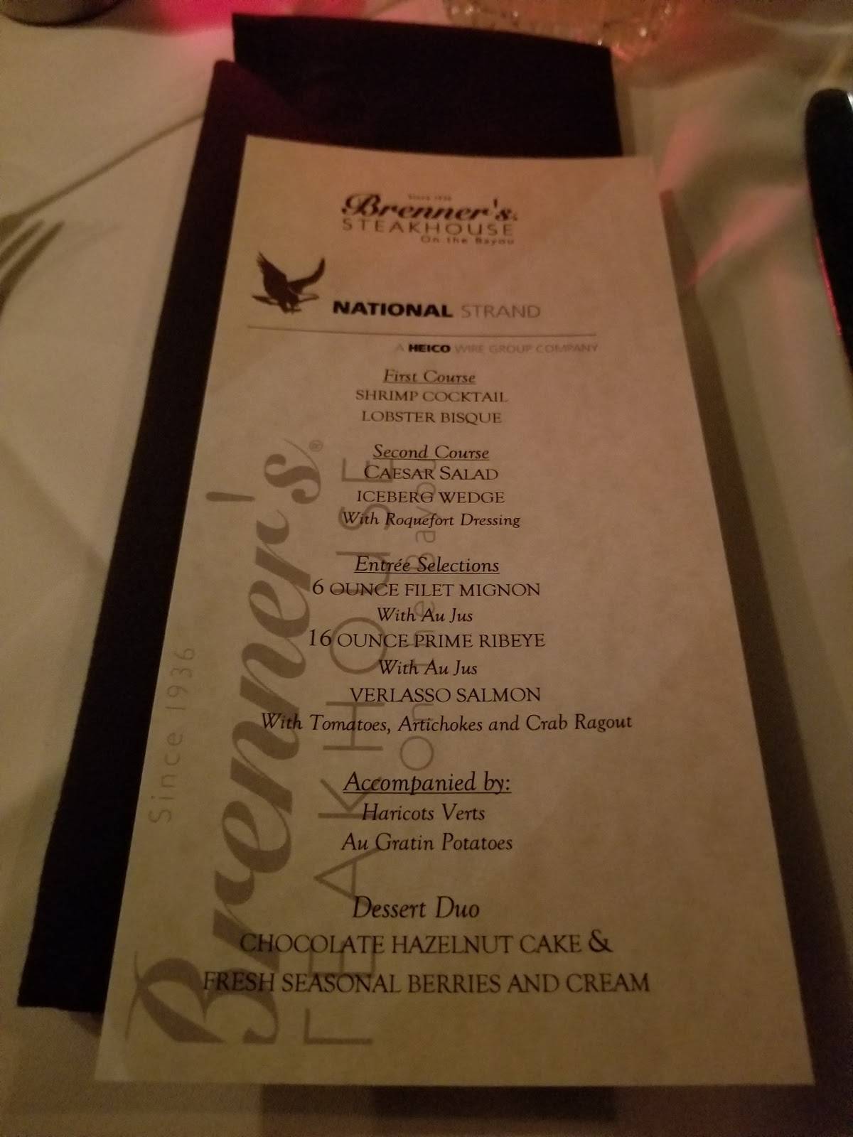 Menu at Brenner's on the Bayou steakhouse, Houston, 1 Birdsall St