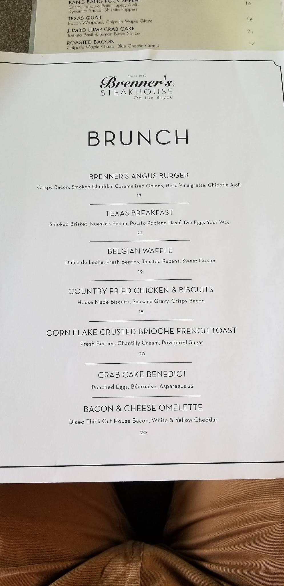 Menu at Brenner's on the Bayou steakhouse, Houston, 1 Birdsall St