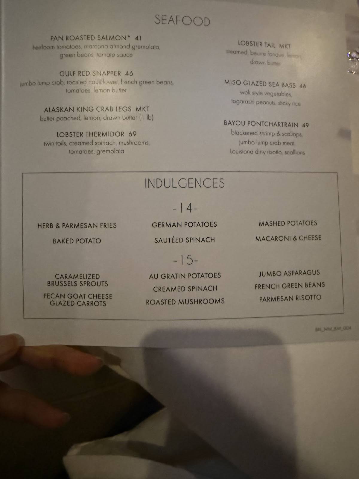 Menu at Brenner's on the Bayou steakhouse, Houston, 1 Birdsall St