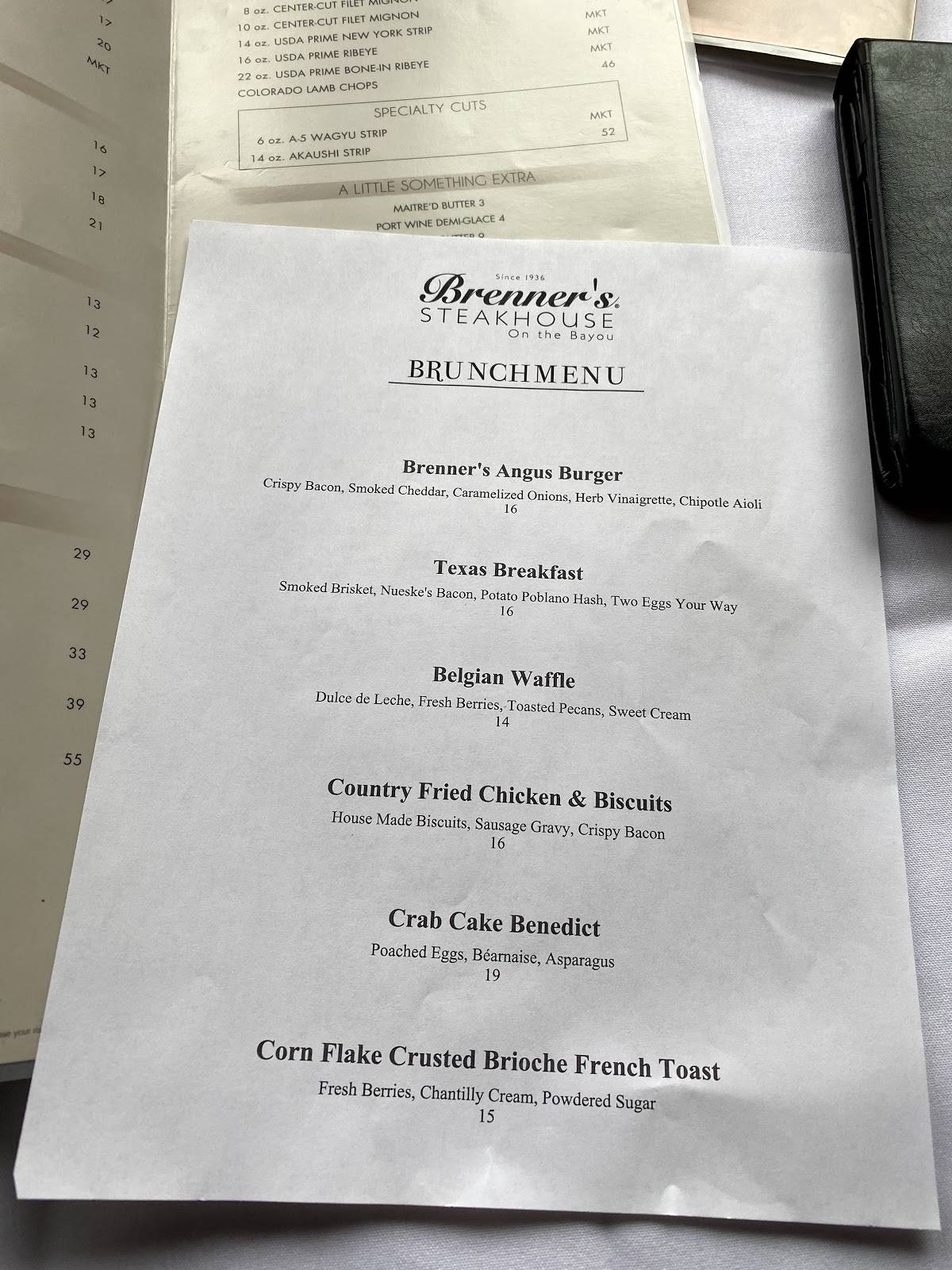 Menu at Brenner's on the Bayou steakhouse, Houston, 1 Birdsall St