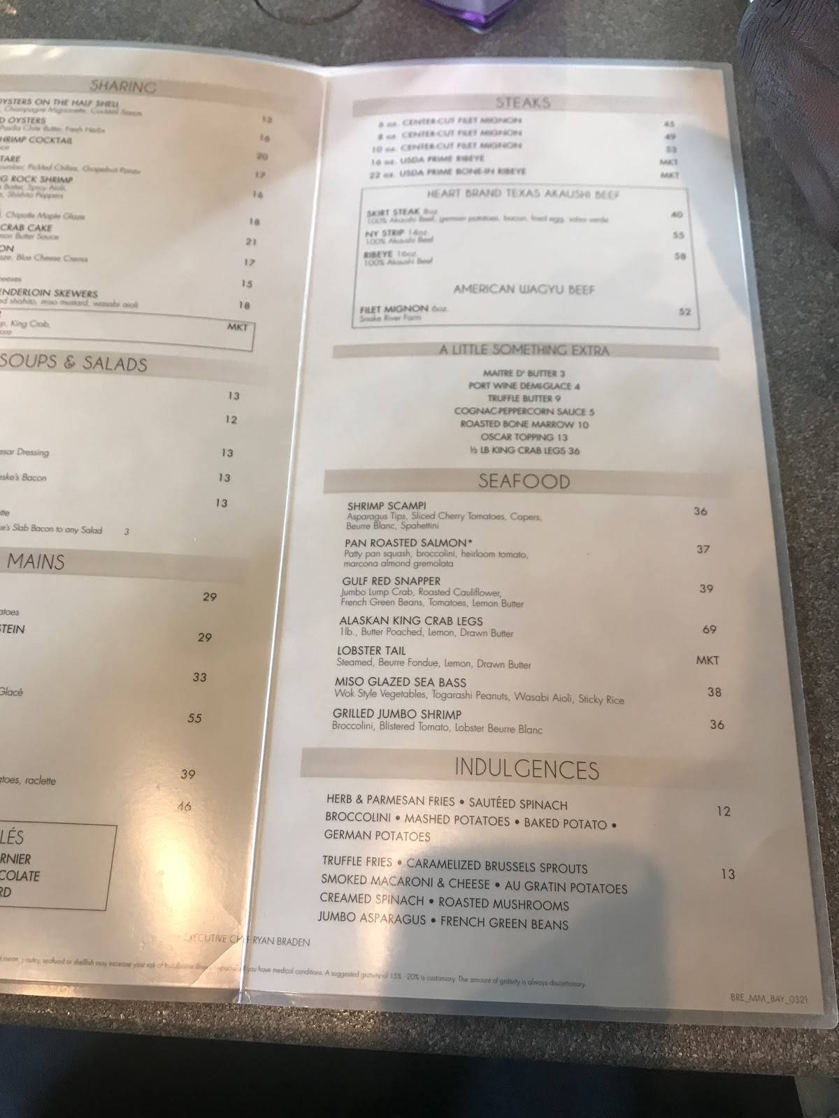 Menu at Brenner's on the Bayou steakhouse, Houston, 1 Birdsall St