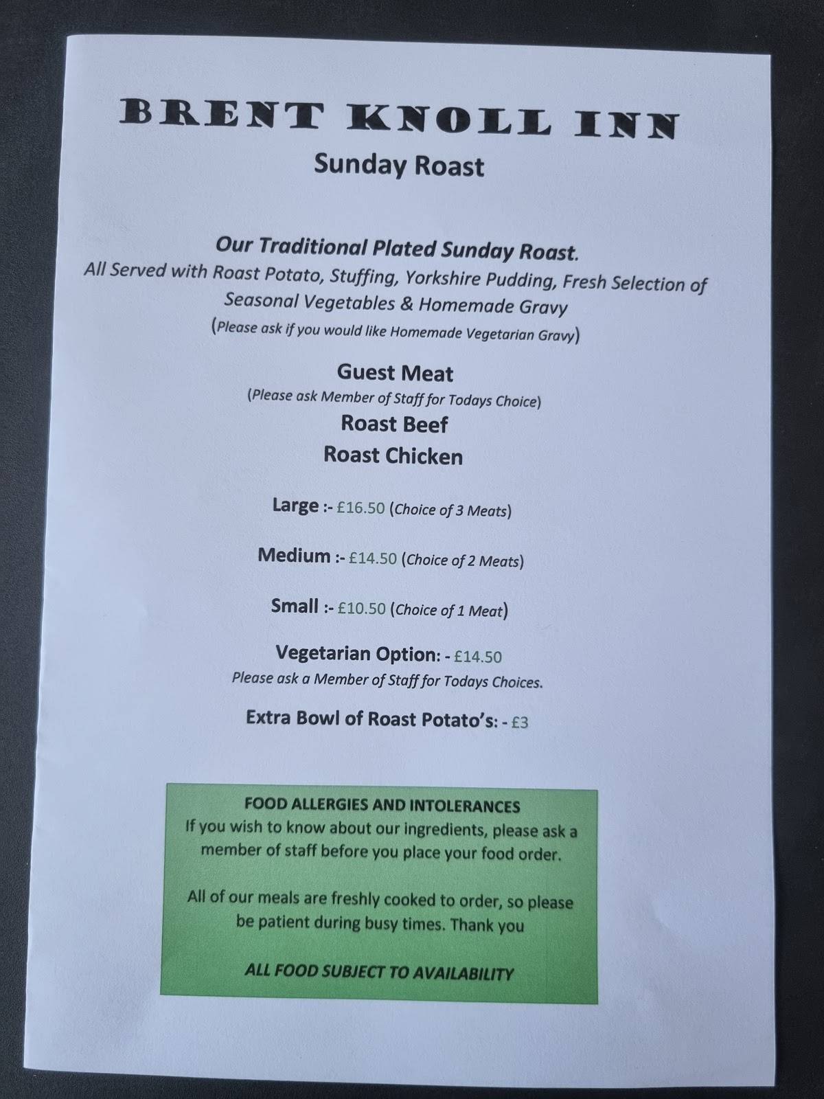Menu at Brent Knoll Inn pub & bar, Brent Knoll, Brent Rd