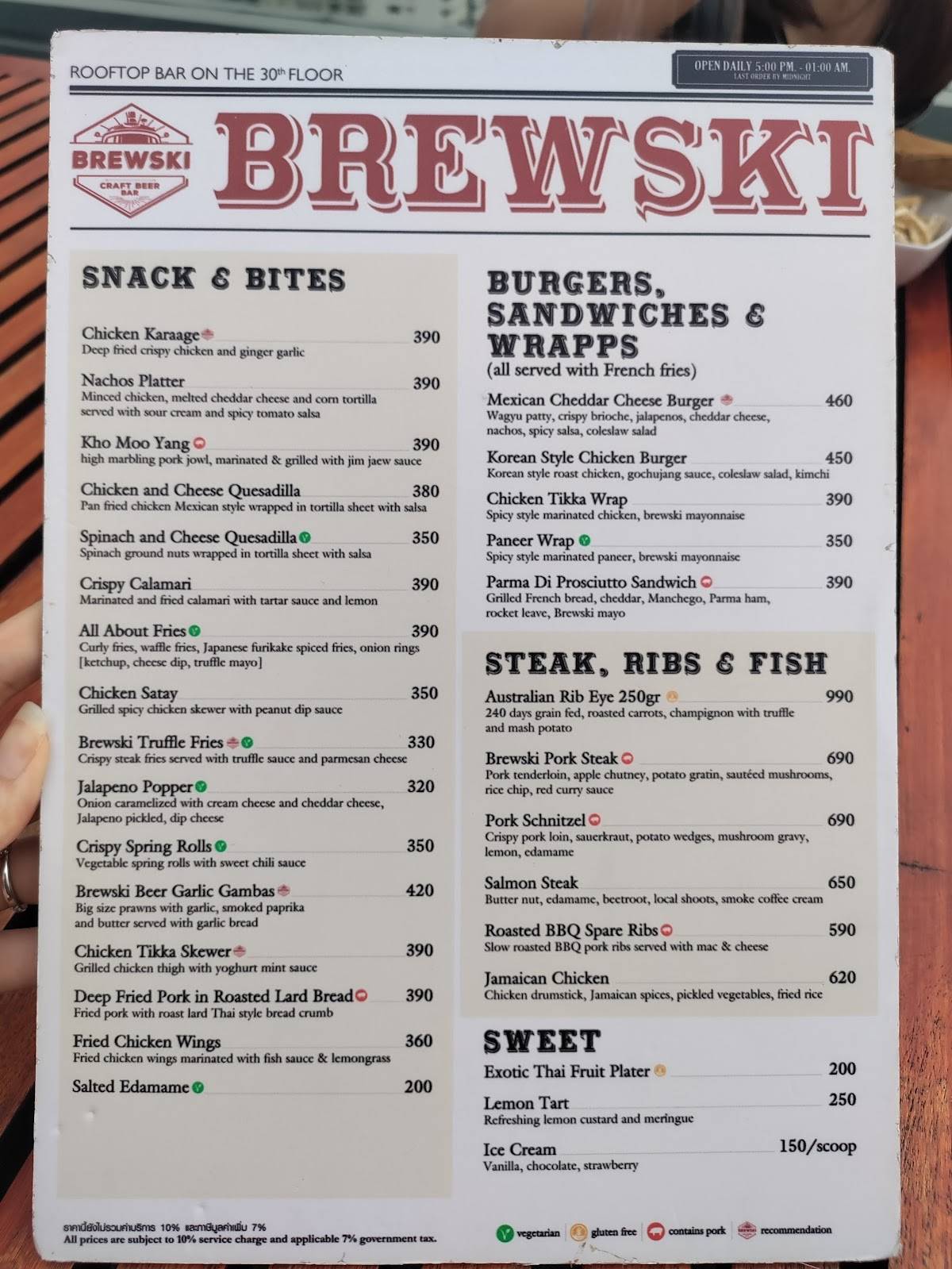 Menu at Brewski pub & bar, Bangkok