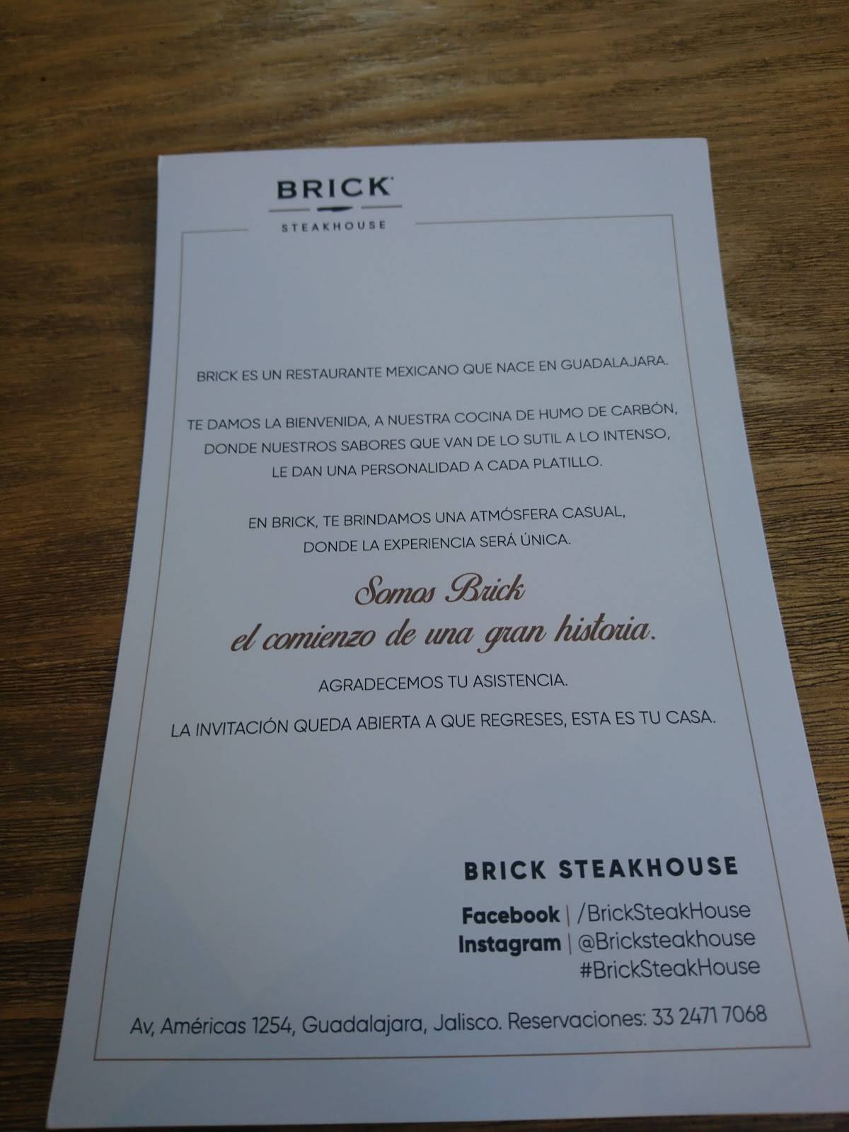 Menu at Brick SteakHouse, Guadalajara