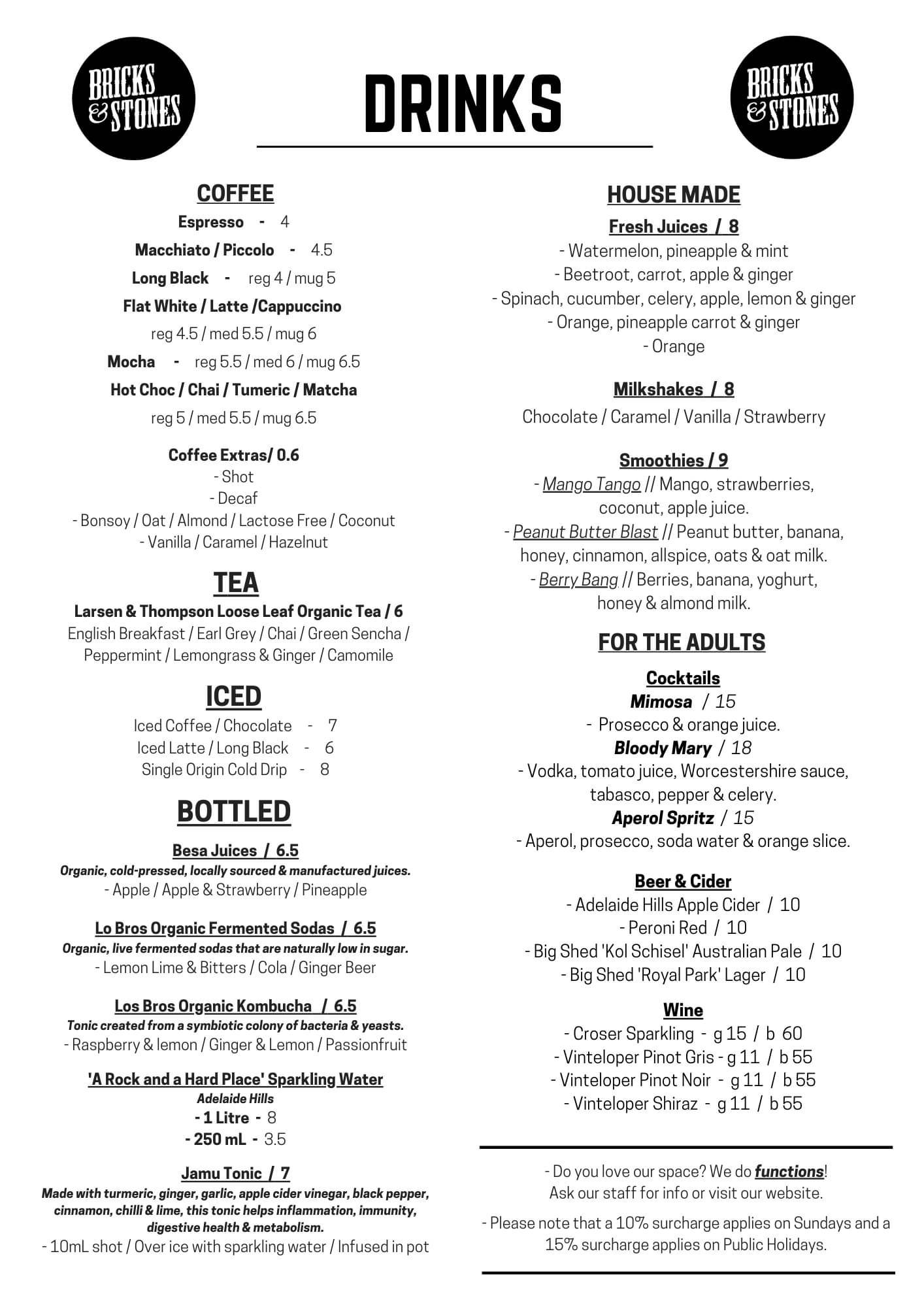 Menu at Bricks & Stones Cafe, Unley