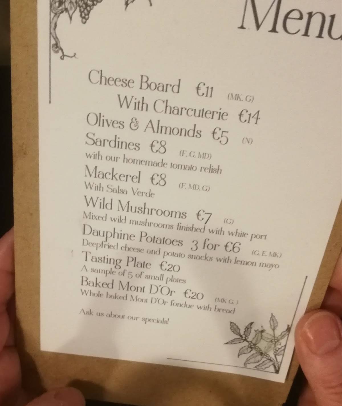 Menu at Brindle Coffee & Wine cafe, Dublin