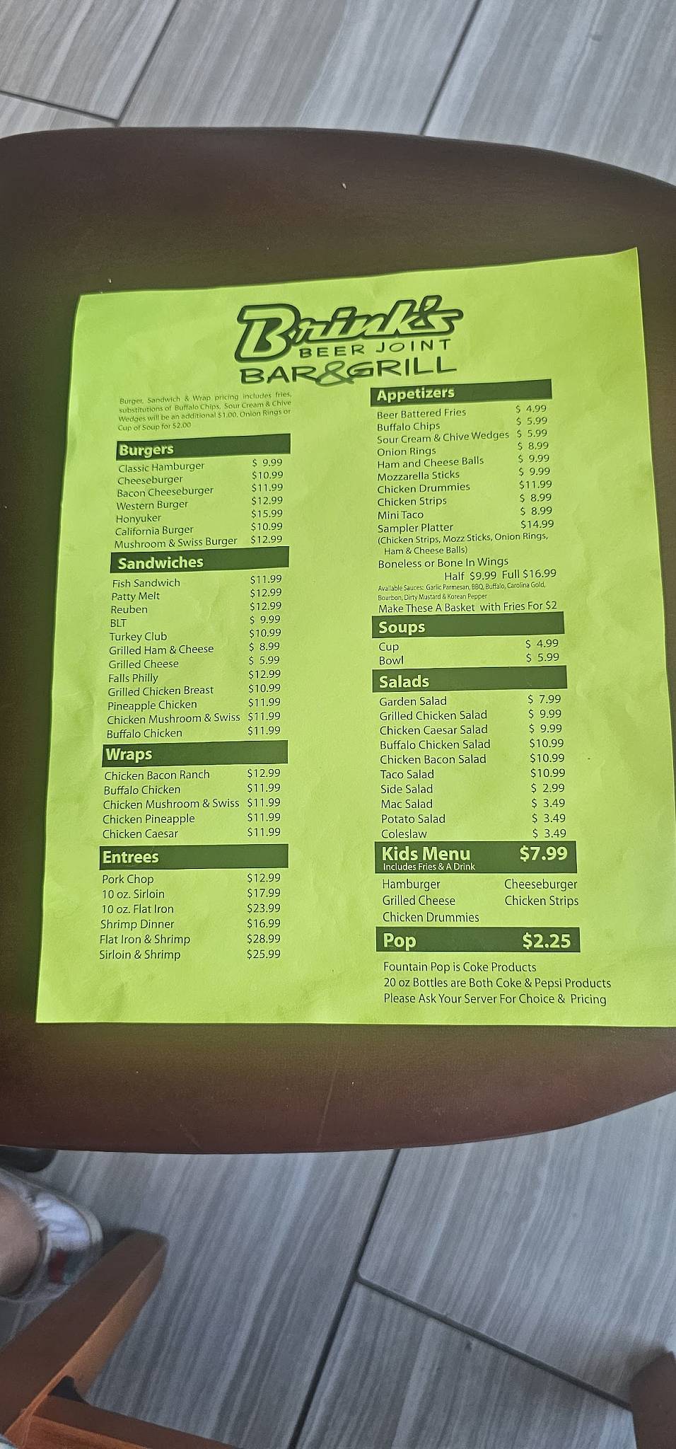 Menu at Brink Beerjoint & Grill pub & bar, Swift Falls