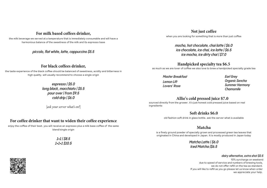 Menu at Coffee Anthology cafe, Brisbane City, 155 Charlotte St