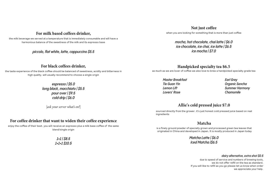 Menu at Coffee Anthology cafe, Brisbane City, 155 Charlotte St