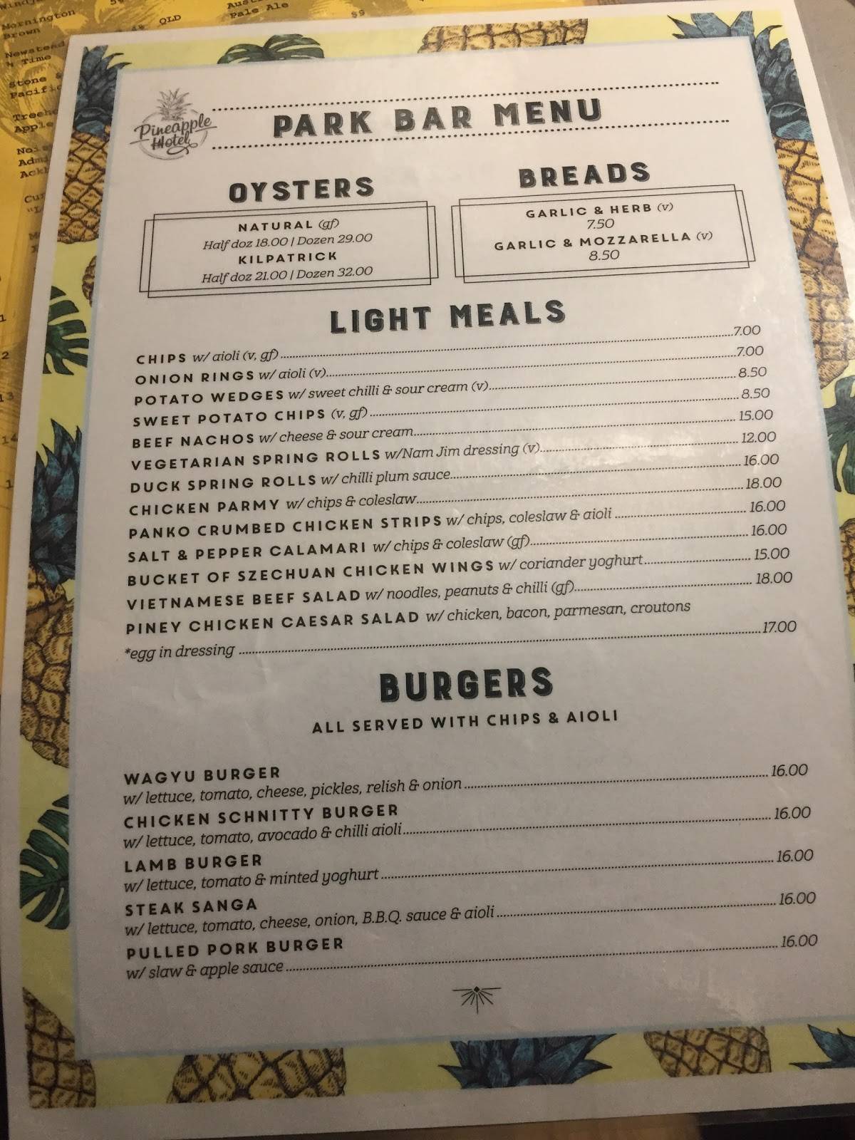 Menu at Pineapple Hotel pub & bar, Kangaroo Point, 706 Main St