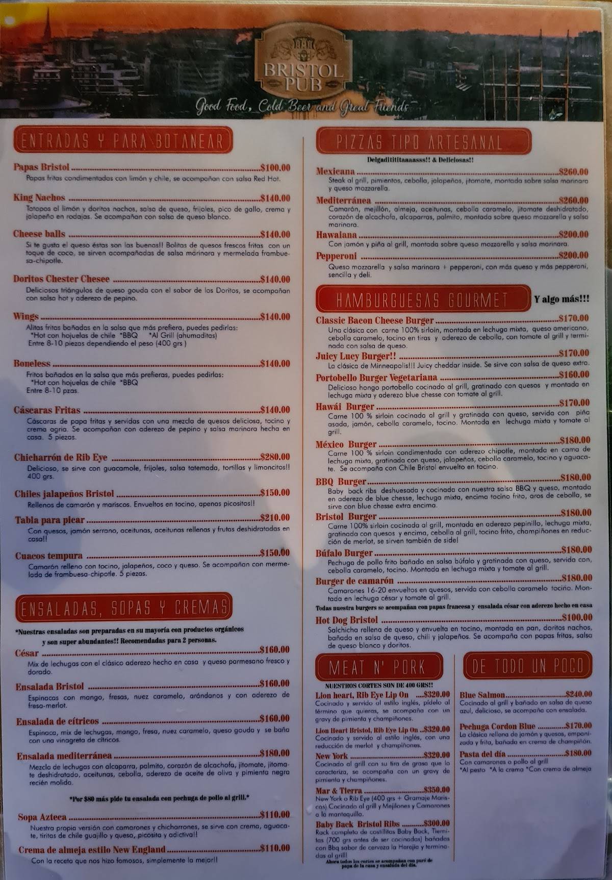 Carta de Bristol Pub, San Luis Potosi, Av Nereo Rodríguez Barragán 1380