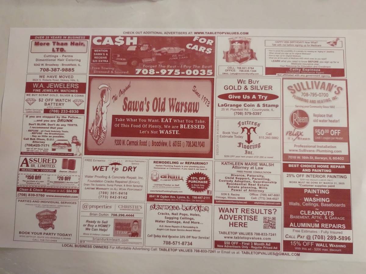 Menu at Sawa's Old Warsaw Restaurant, Broadview