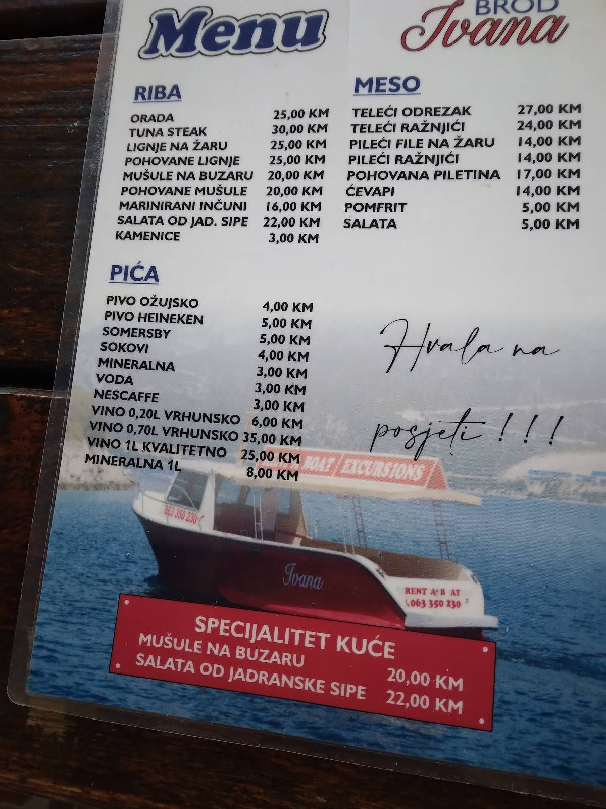 Speisekarte von Brod Ivana Floating restaurant, Neum