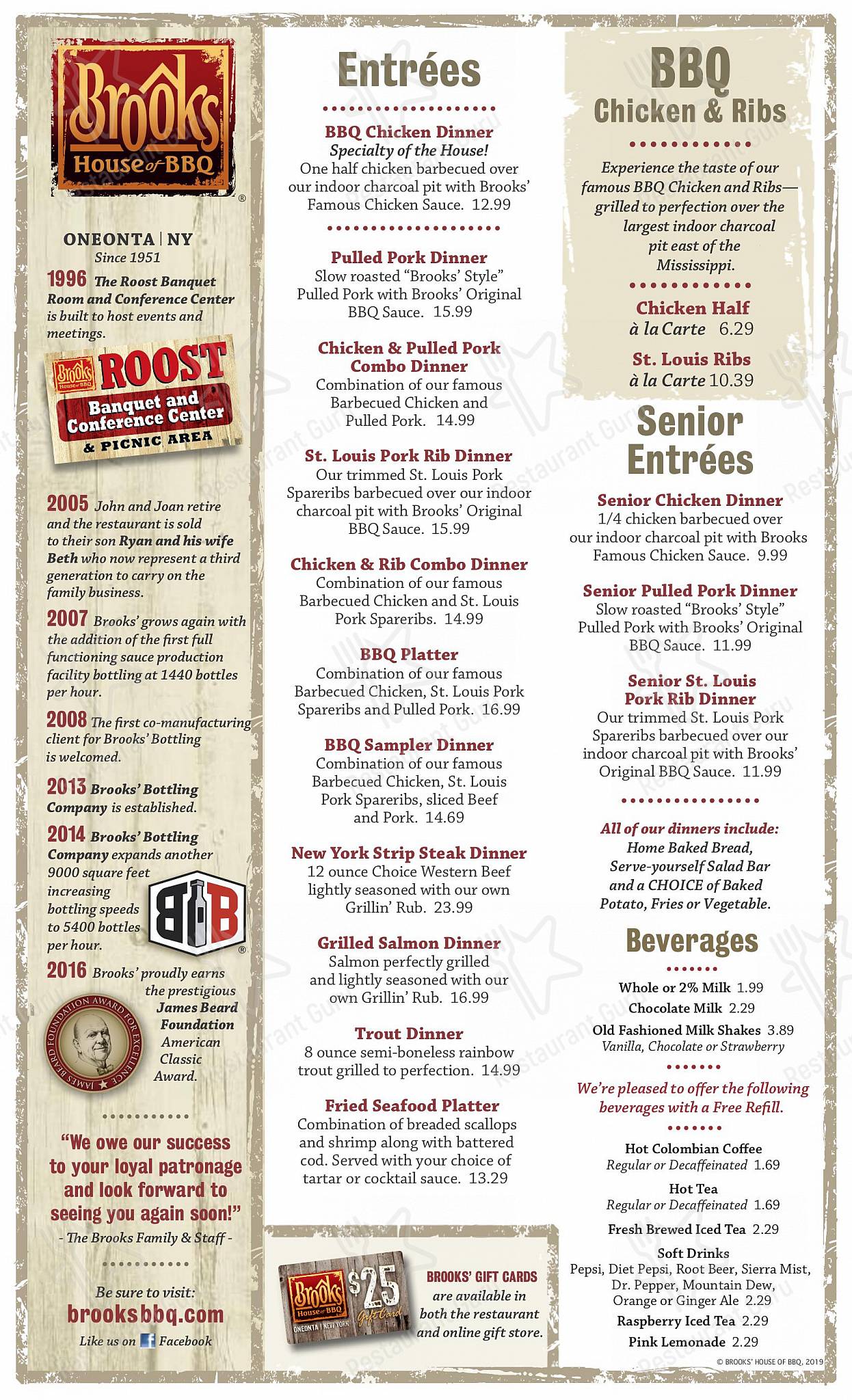 Menu at Brooks' House of Bar-B-Q, Oneonta