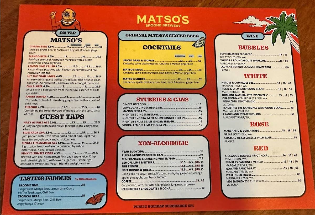 Menu at Matso's Broome Brewery restaurant, Broome, 60 Hamersley St