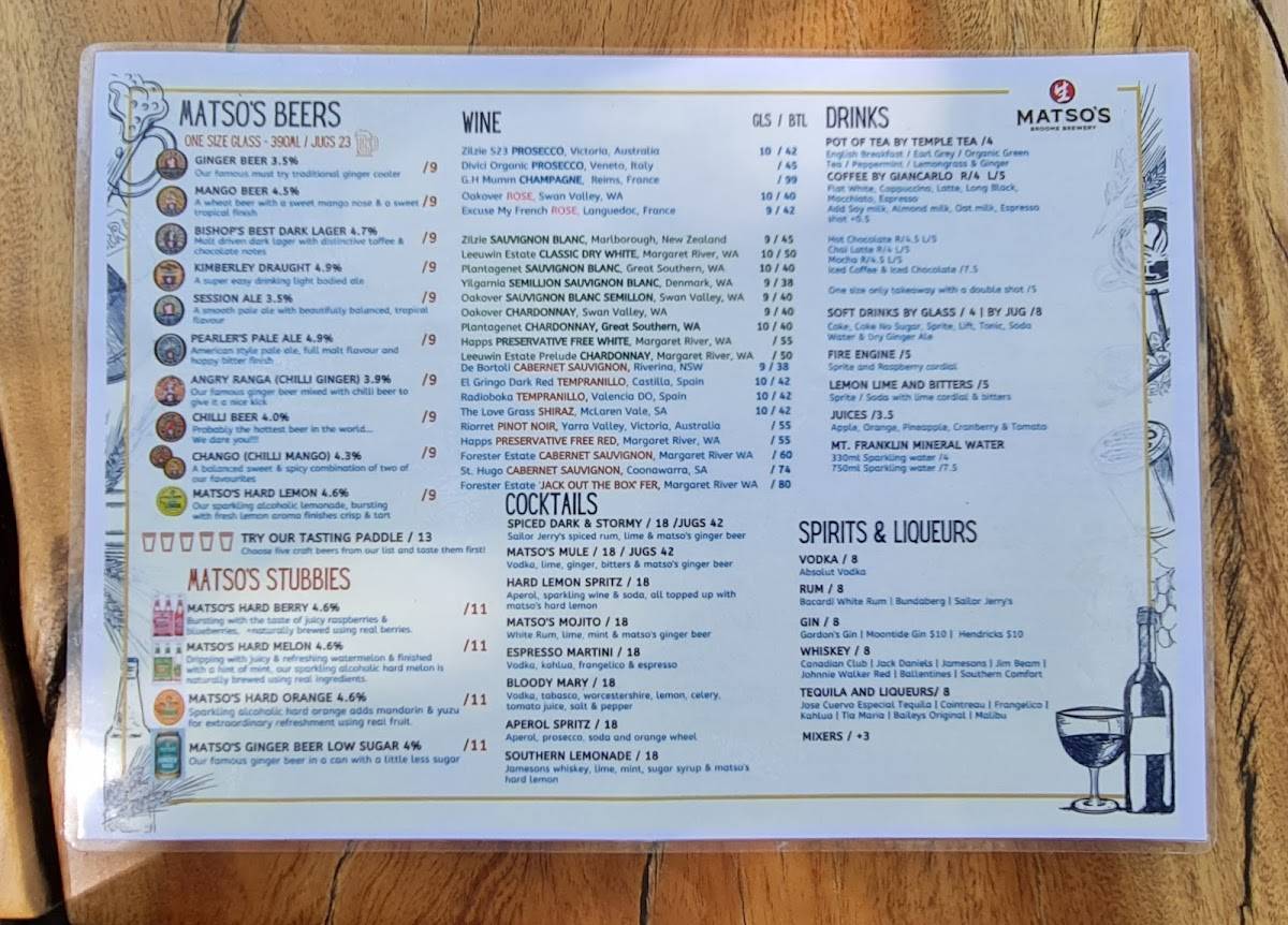 Menu at Matso's Broome Brewery restaurant, Broome, 60 Hamersley St