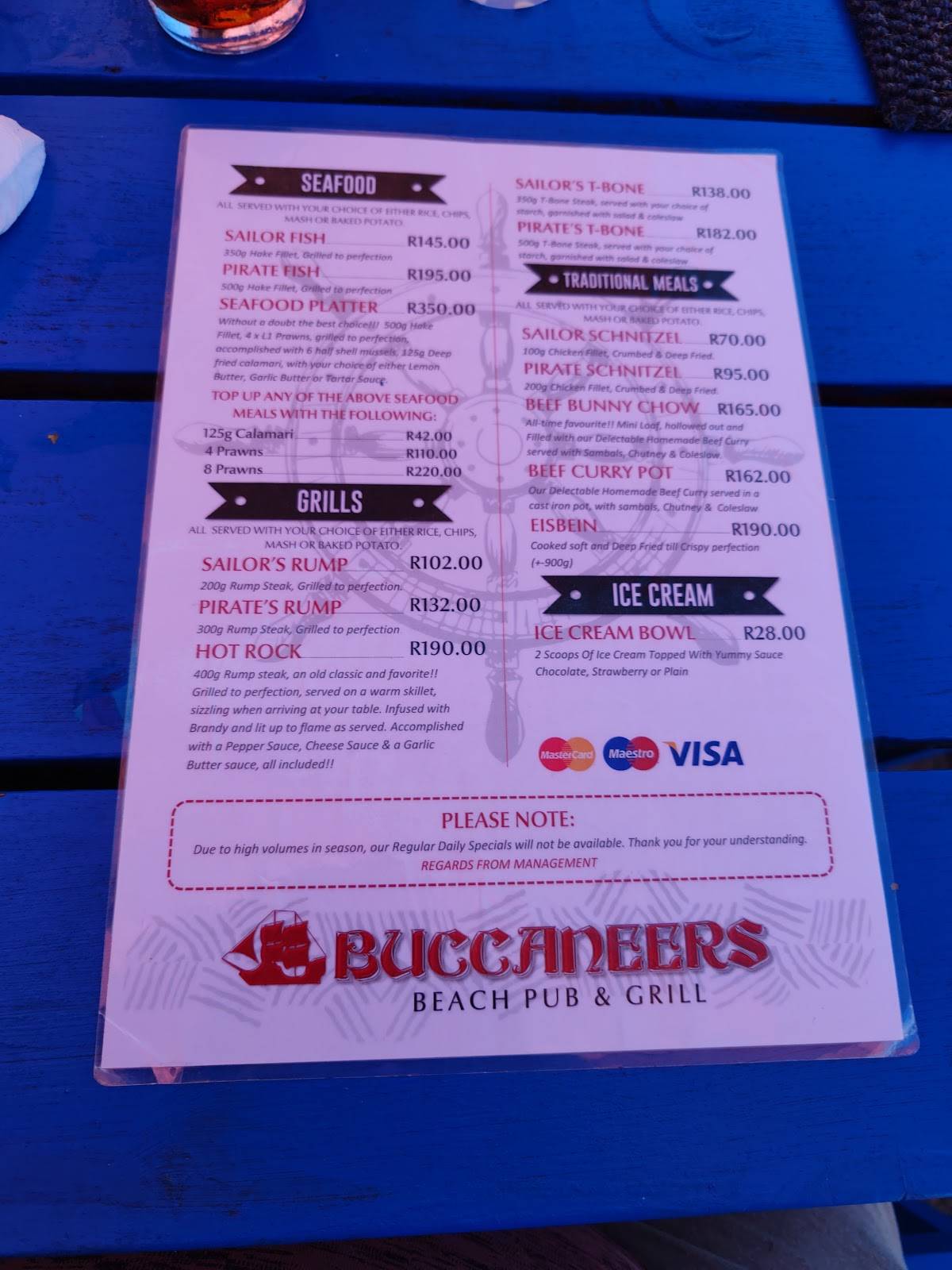 Menu at Buccaneers Beach bar and grill, Margate