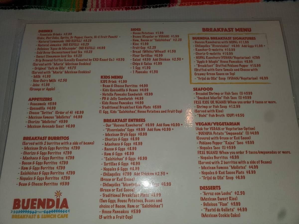 Menu at Buendia Breakfast & Lunch Cafe, Tucson