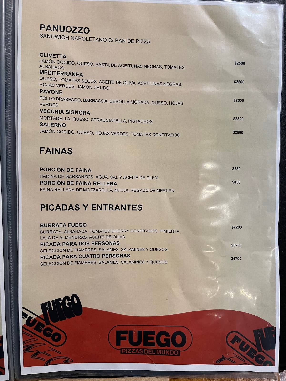 Carta del restaurante Fuego Pizzas del Mundo, Buenos Aires