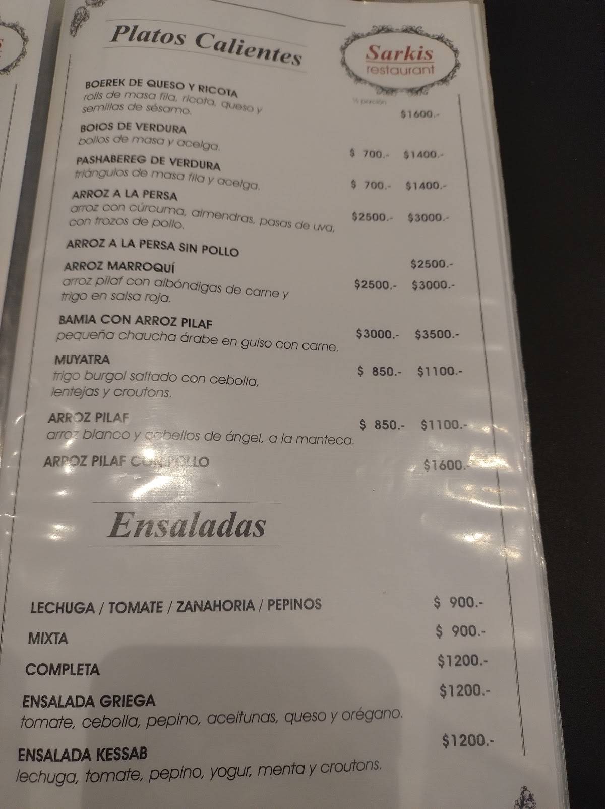 Carta del restaurante Sarkis, Buenos Aires