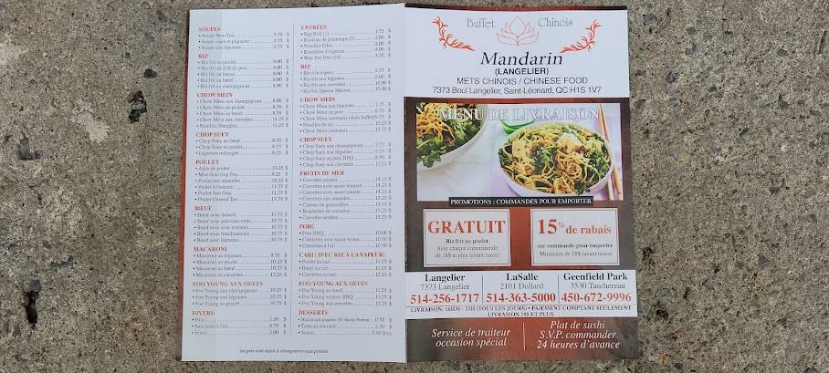Menu at Buffet Chinois Mandarin restaurant, Brossard