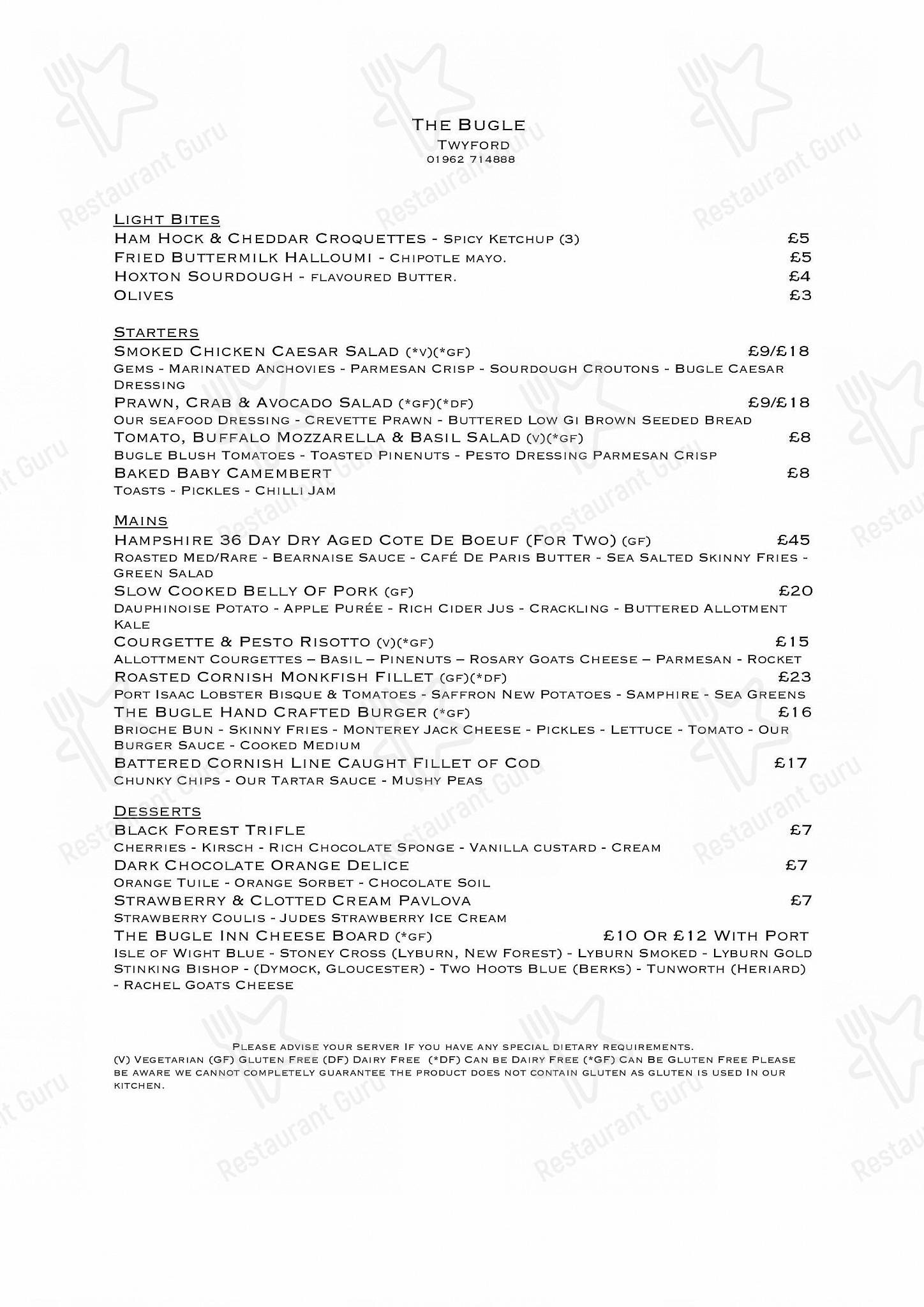 Menu at Bugle Inn pub & bar, Winchester