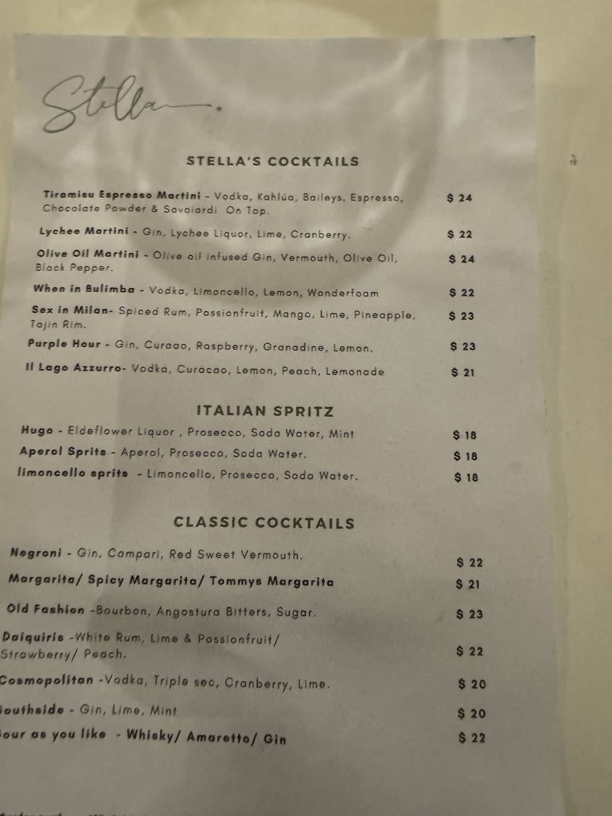 Menu at Stella restaurant, Bulimba