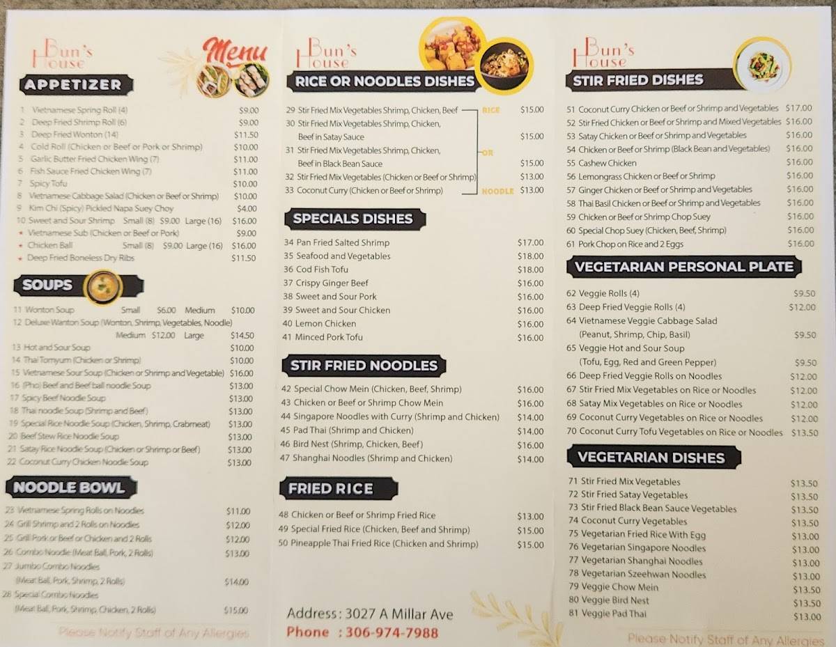 Menu at Bun's House Restaurant, Saskatoon