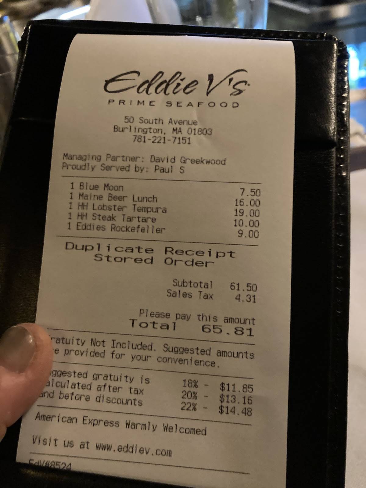 Menu at Eddie V's Prime Seafood steakhouse, Burlington
