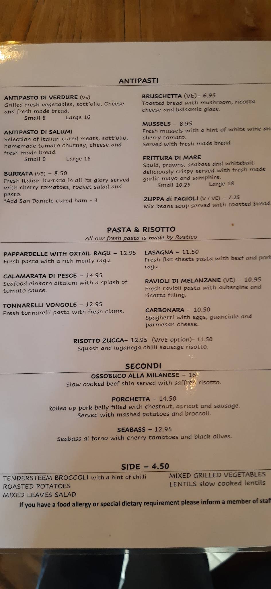 Menu at Rustico restaurant, Bury Saint Edmunds