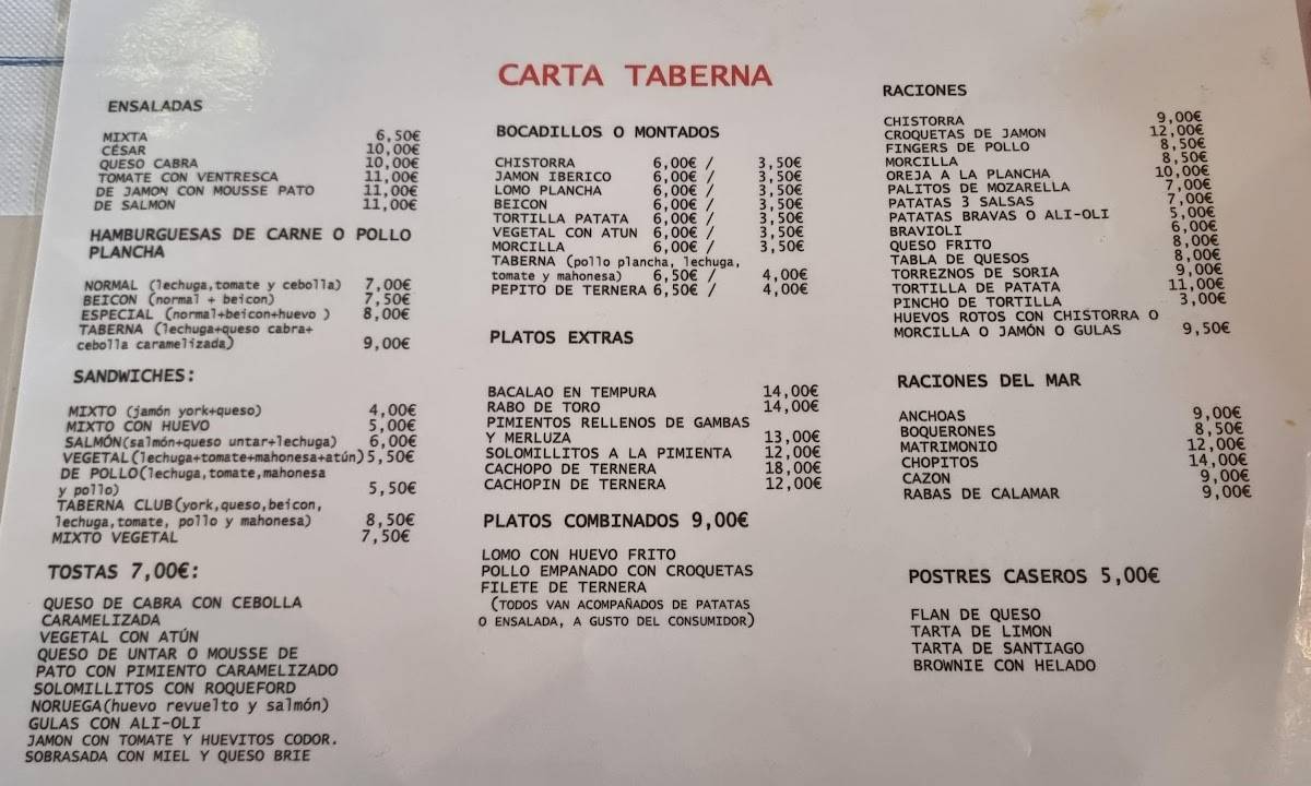 Carta del restaurante La Taberna, Bustarviejo, C. del la Cañada