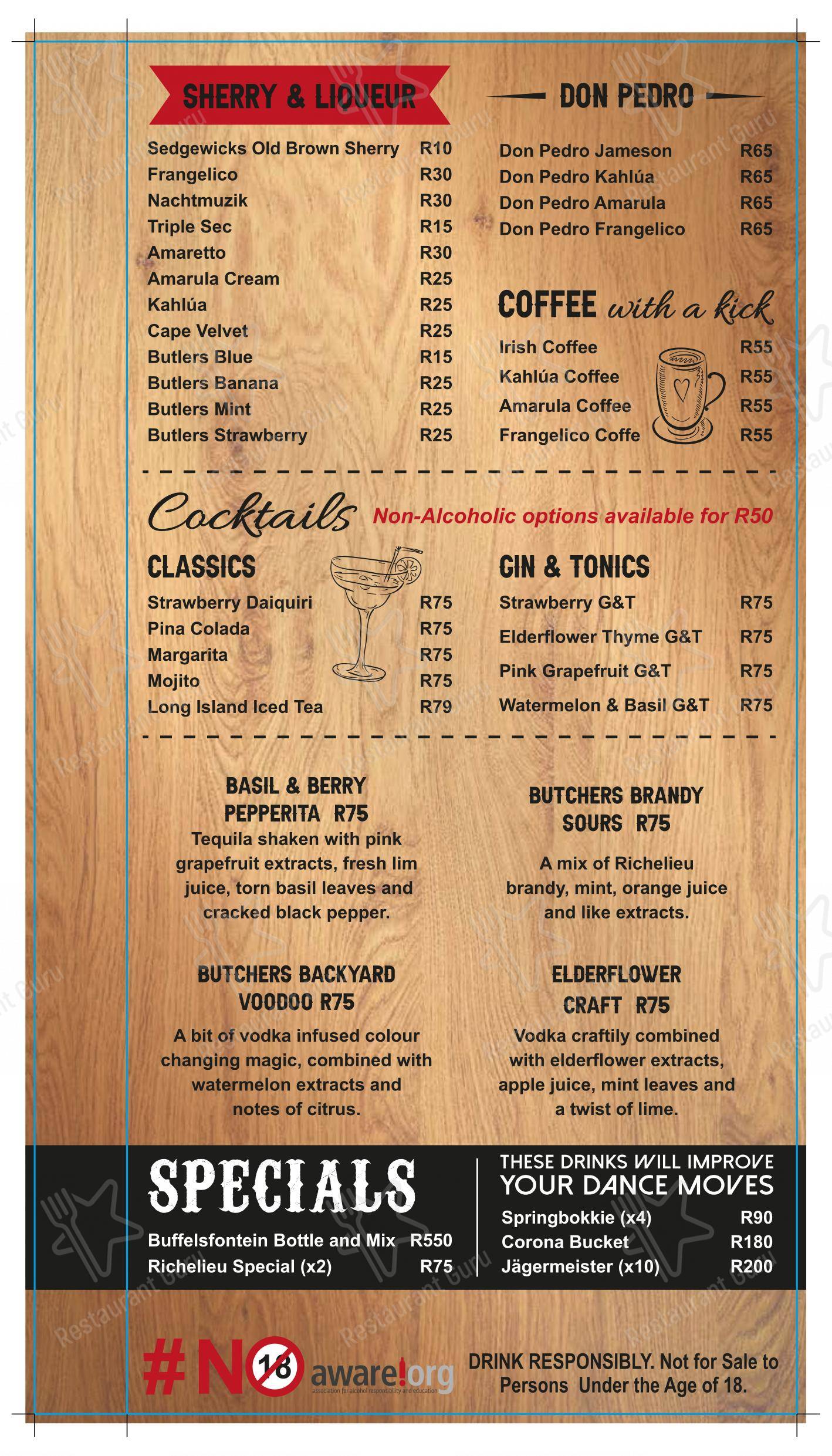 Menu at Butcher's Backyard restaurant, Benoni