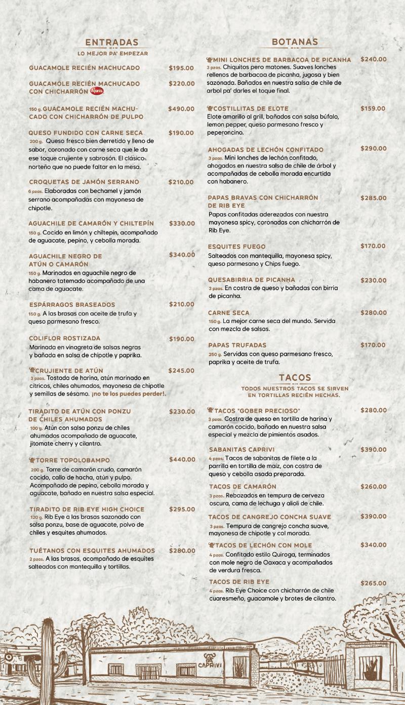 Menu at CAPRIVI restaurant, Saltillo