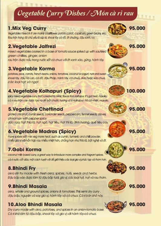 Menu at Halen's Indian Curry restaurant, Ho Chi Minh City