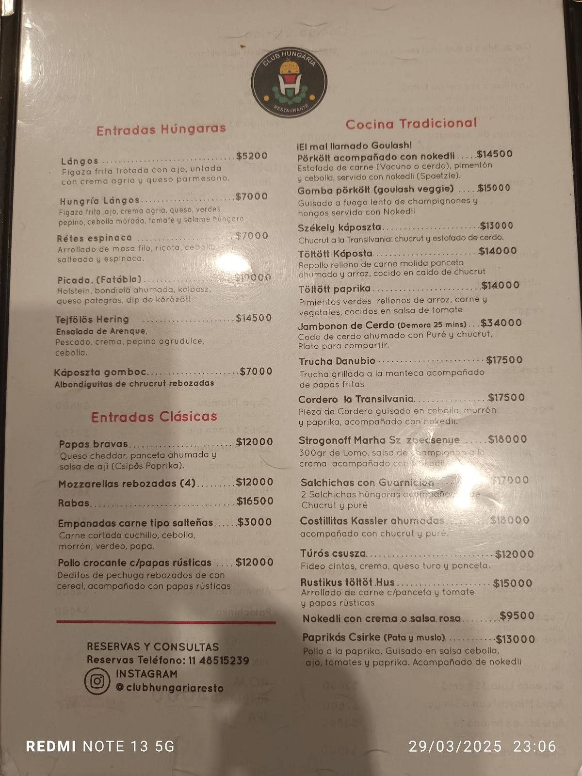 Menu at CLUB HUNGARIA RESTAURANTE, Olivos