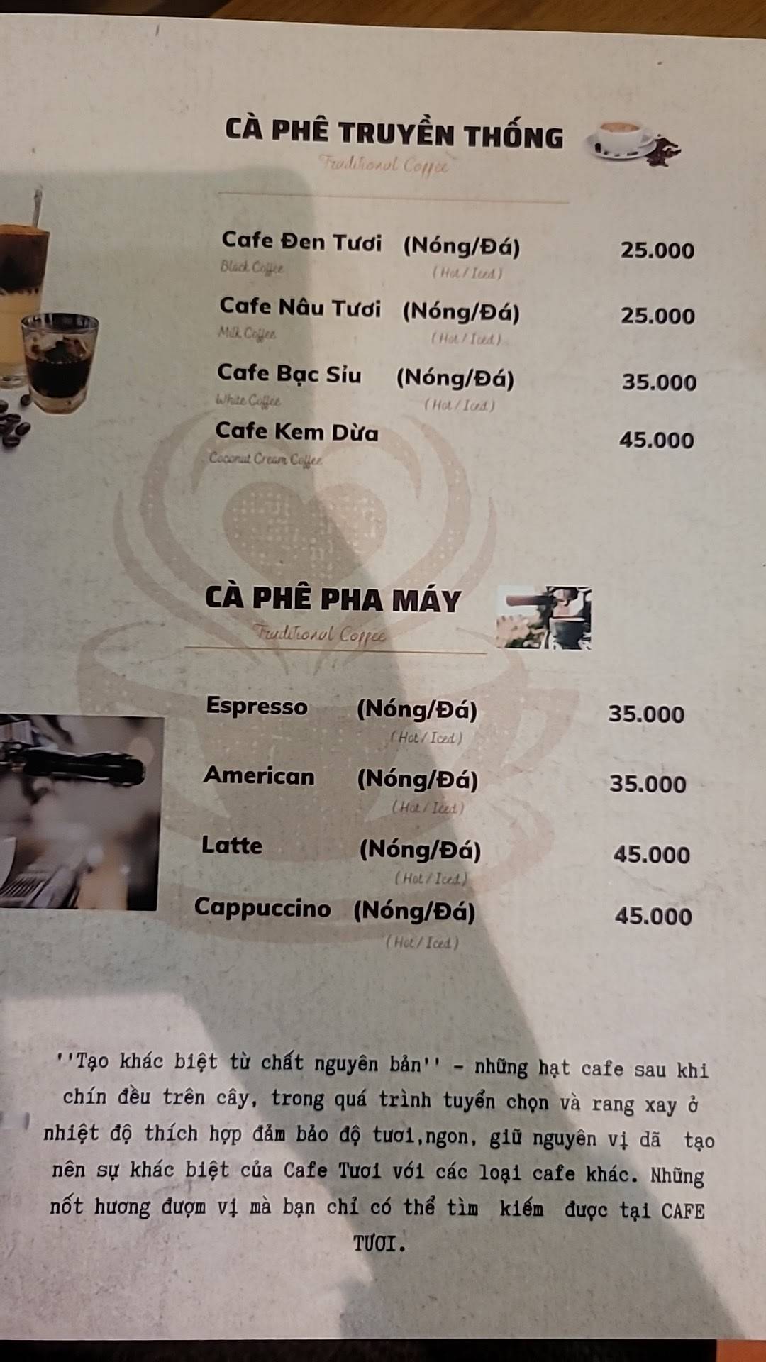 Menu at Cà Phê Tươi cafe, Hanoi