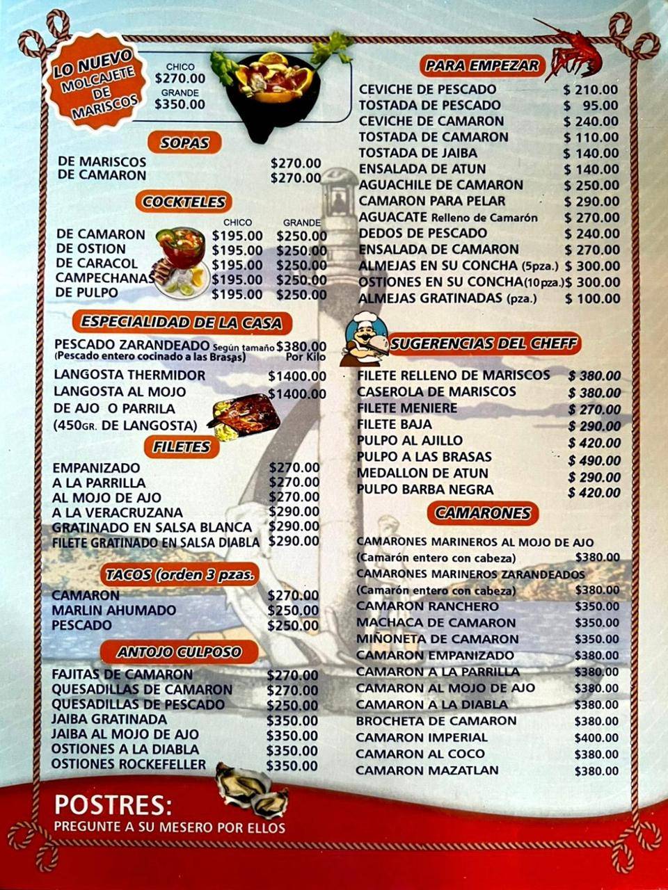 Menu at Mariscos Mazatlán restaurant, Cabo San Lucas
